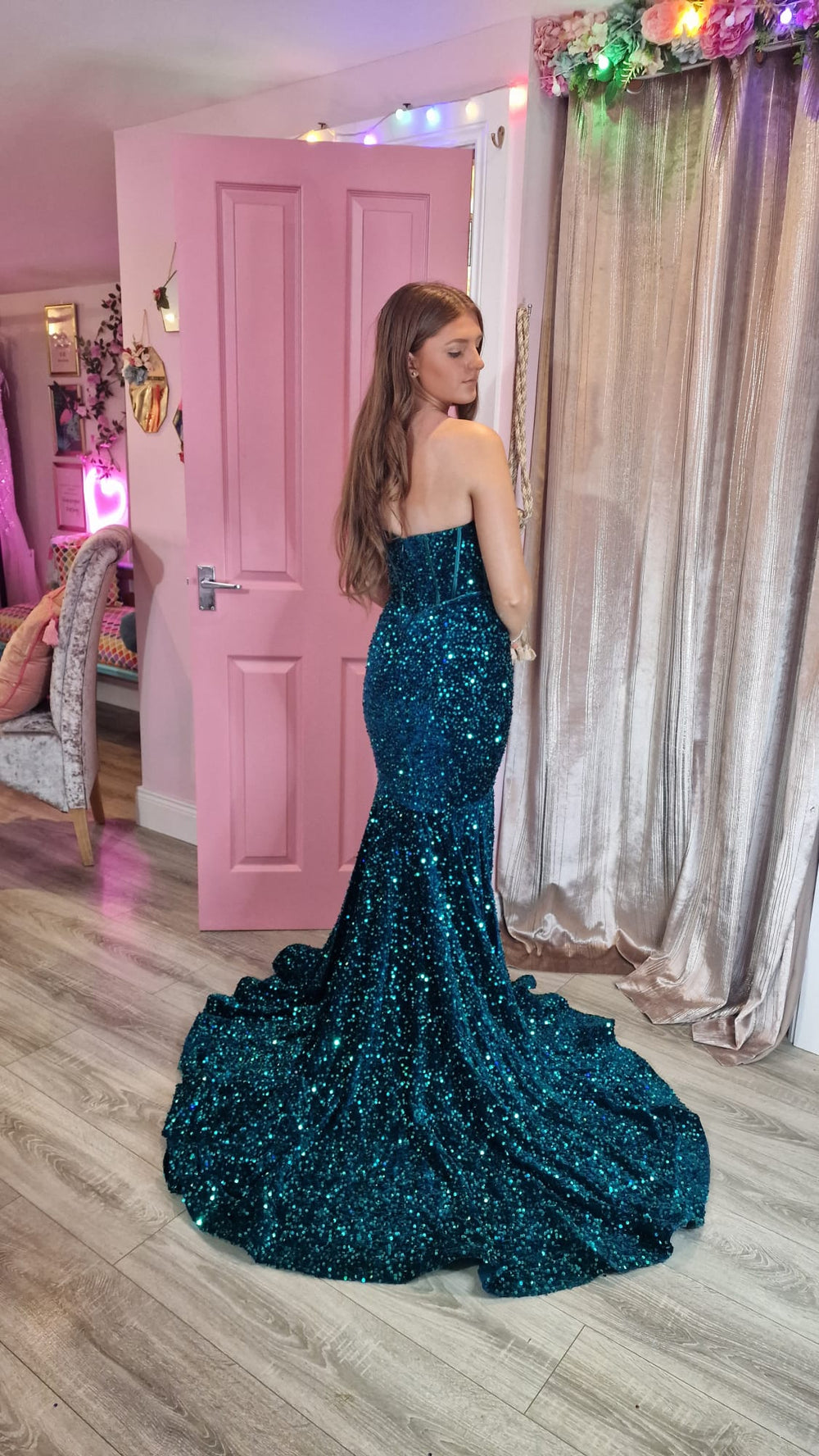Poppy Teal Green Sequin Corset Strapless With Low Back Formal Prom Dre
